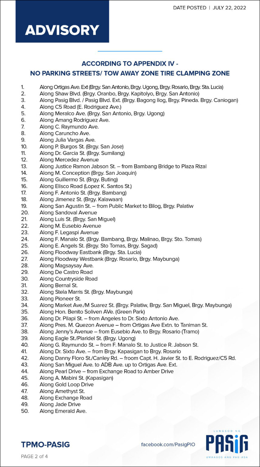 Don’t park on these streets in Pasig City | VISOR