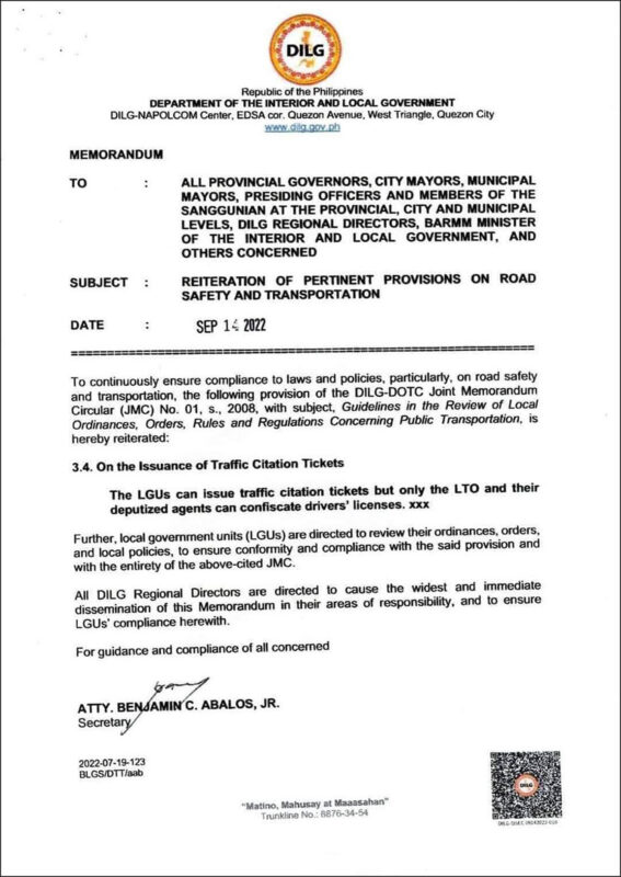 The DILG says that only the LTO can confiscate your driver’s license ...