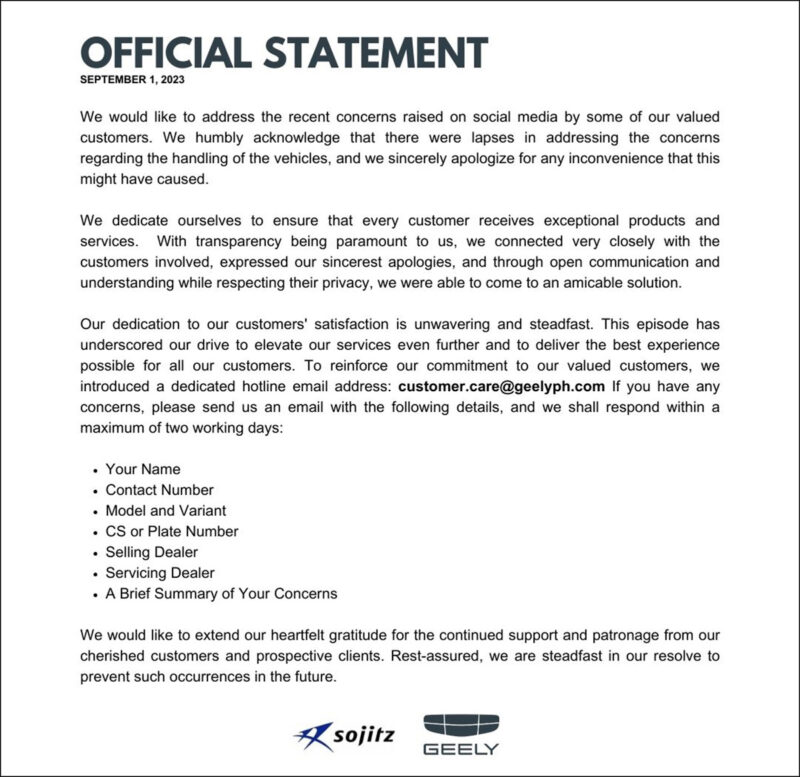 At last, Geely PH has released a statement on its customer-service ...