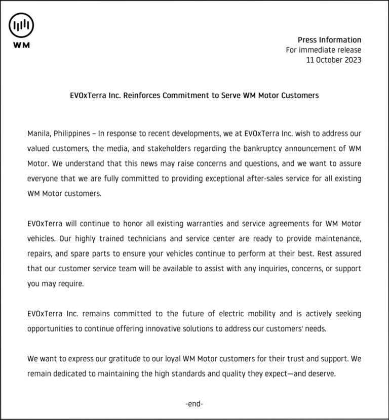 WM Motor PH issues statement on bankruptcy | VISOR
